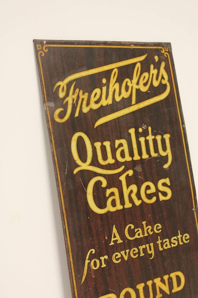 1900s Tin Advertising Sign "Freihofer's Quality Cakes" For Sale at 1stDibs