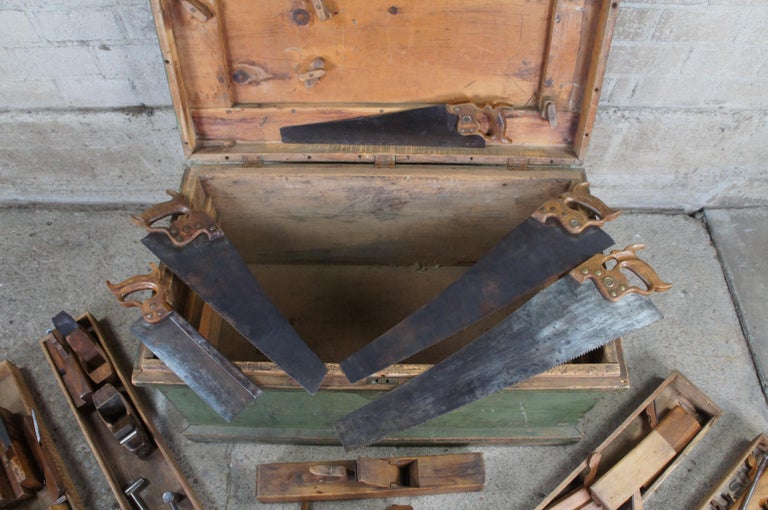 1906 Antique Pine Carpenters Tool Chest Trunk Strong Box Disston Saws ...