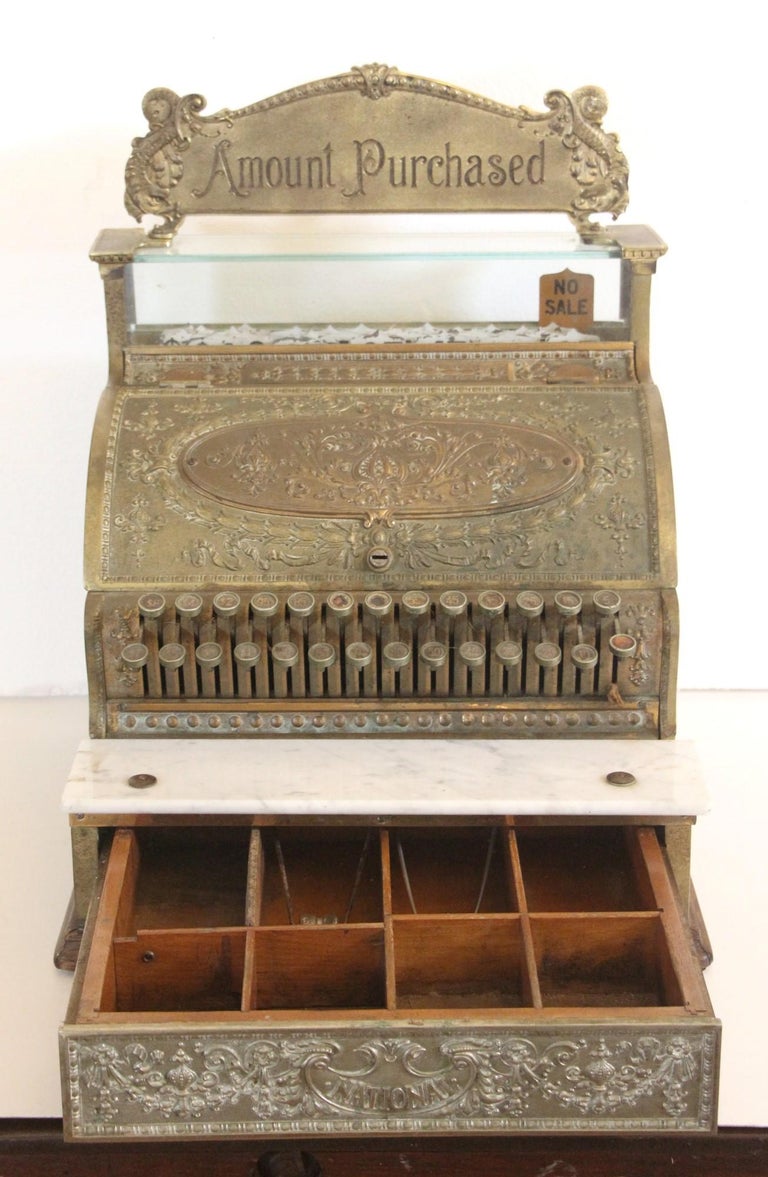 1906 Ornate Bronze National Cash Register with Marble Shelf on Wood ...