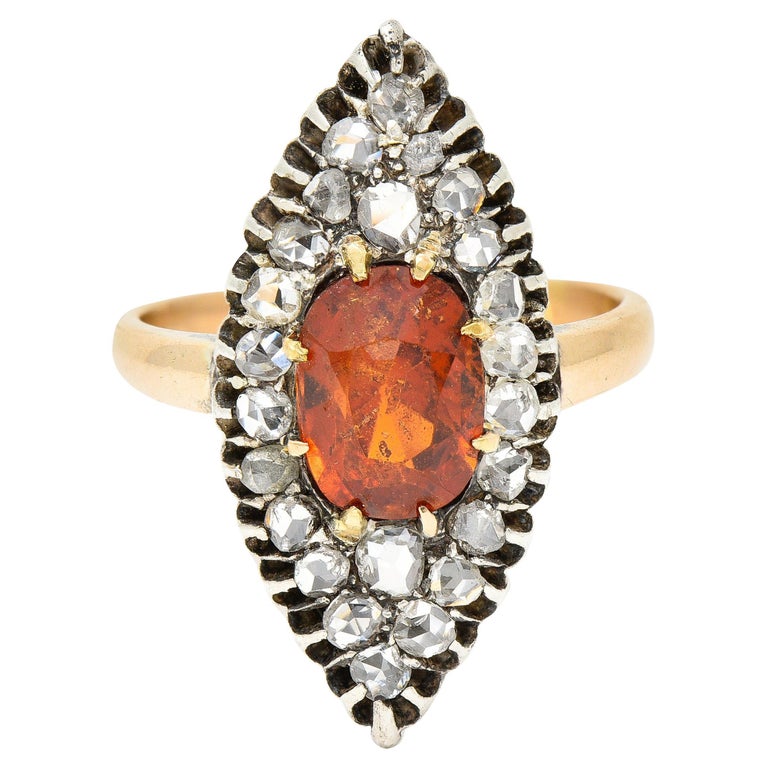 1908 Russian Hessonite Garnet Diamond Silver-Topped 14 Karat Yellow ...