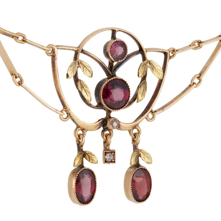 1.91 Carat Garnet Diamond Tri-Color Gold Pendant Necklace For Sale at ...