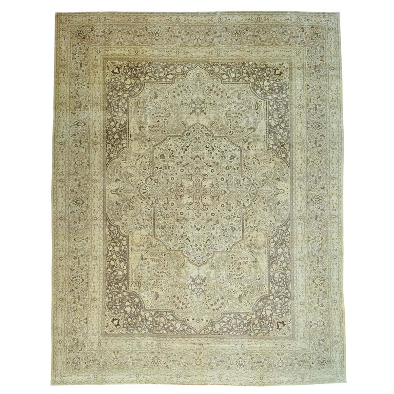1910s Ivory Antique Persian Tabriz Rug - 13'2" x 16'9" For Sale at 1stDibs