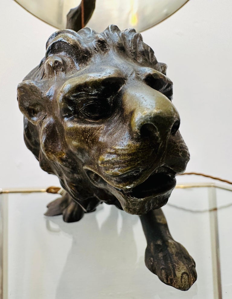 1910 Antique Spelter Bronze Effect Prowling Lion Table Lamp Inc ...