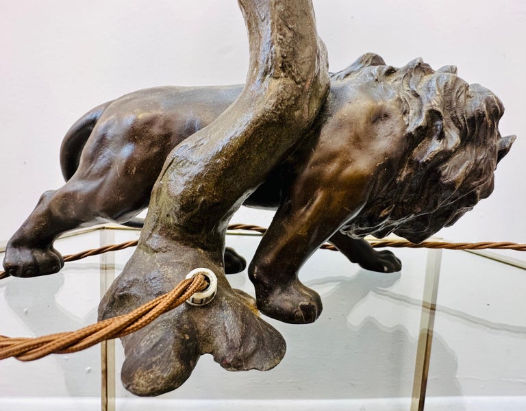 1910 Antique Spelter Bronze Effect Prowling Lion Table Lamp Inc ...