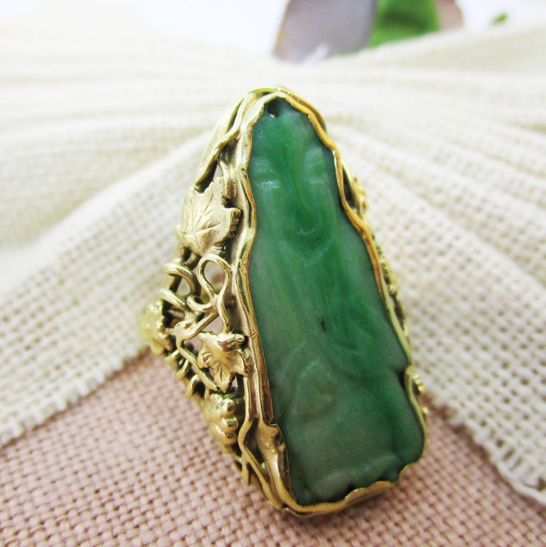 1910 Arts and Crafts 14k Green Gold Carved Jade Statement Ring For Sale ...