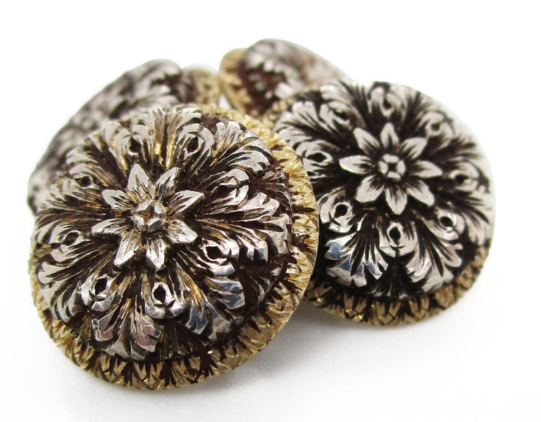 1910 Edwardian Hand Engraved 18 Karat and Silver Two-Tone Flower ...
