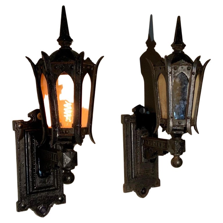 1910 Exterior Cast Iron Victorian Sconce Lights Pair For Sale at 1stDibs