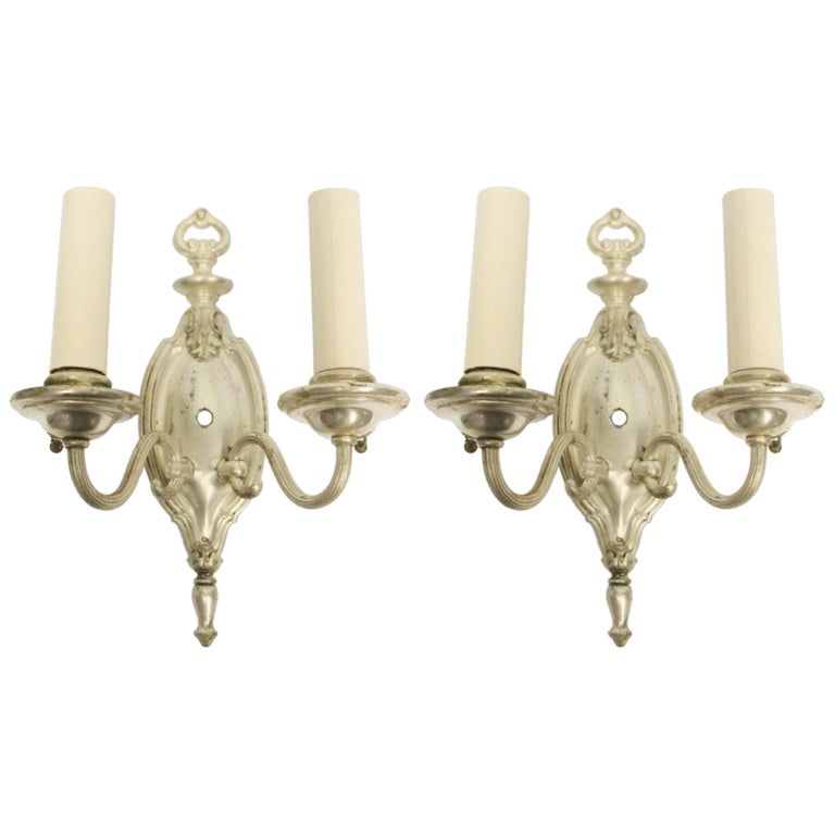 1910 Pair of Silver Plated Brass Federal Wall Sconces with Two Arms For ...