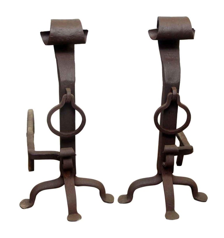 1910s Antique Hand Wrought Iron Craftsman Andirons with Rings and ...