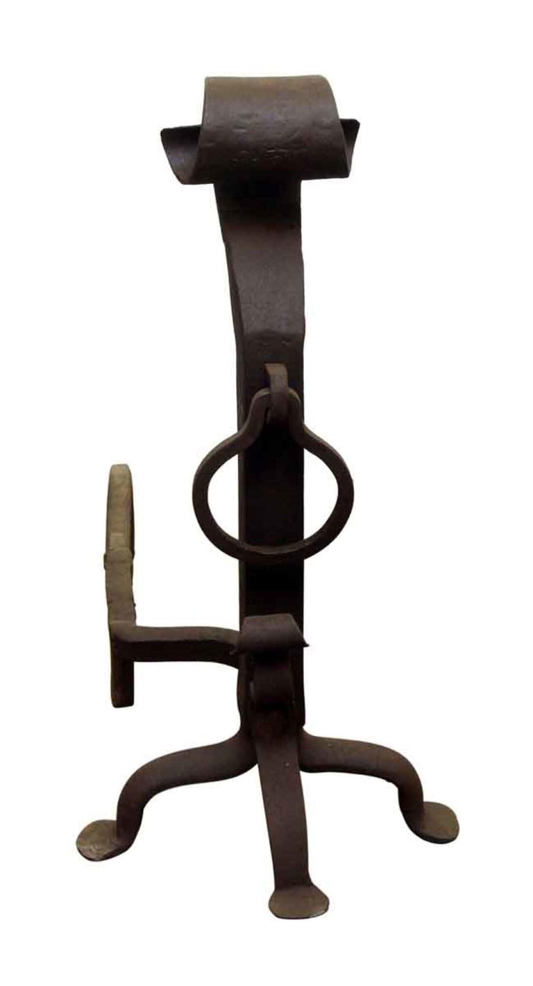 1910s Antique Hand Wrought Iron Craftsman Andirons with Rings and ...