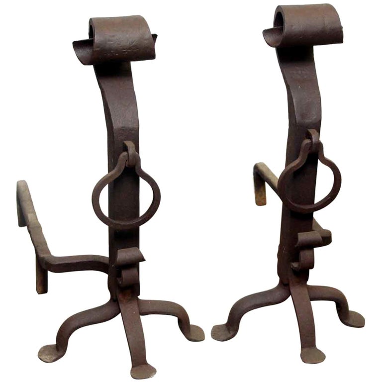 1910s Antique Hand Wrought Iron Craftsman Andirons with Rings and ...
