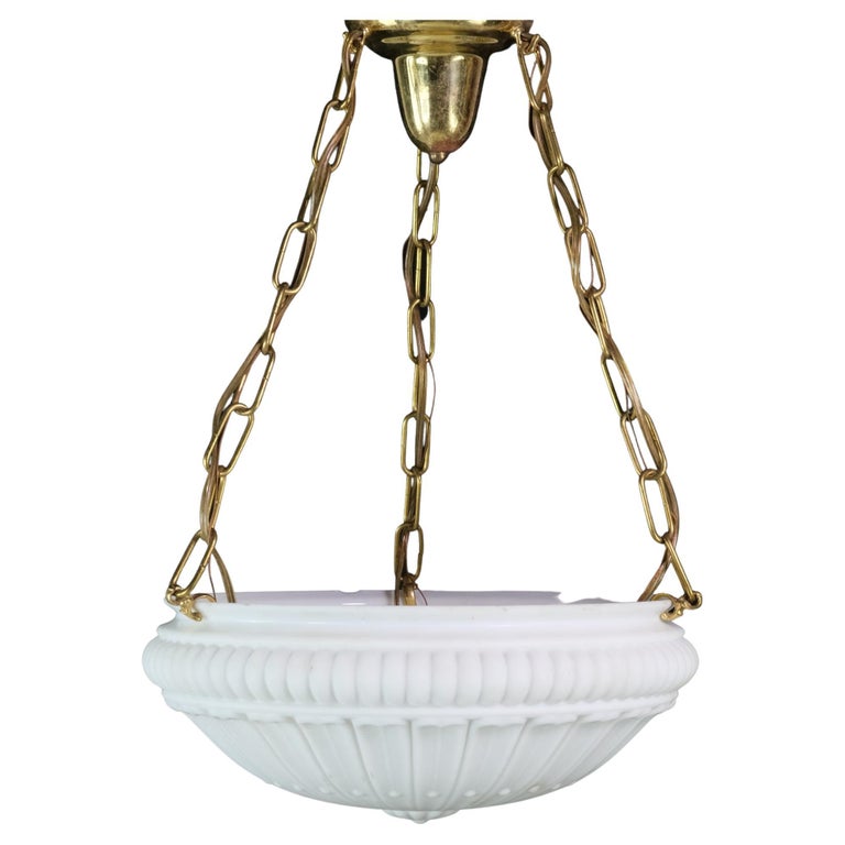 1910s Elegant Milk Glass Pendant Dish Light w/ Rewired Brass Fitter For ...