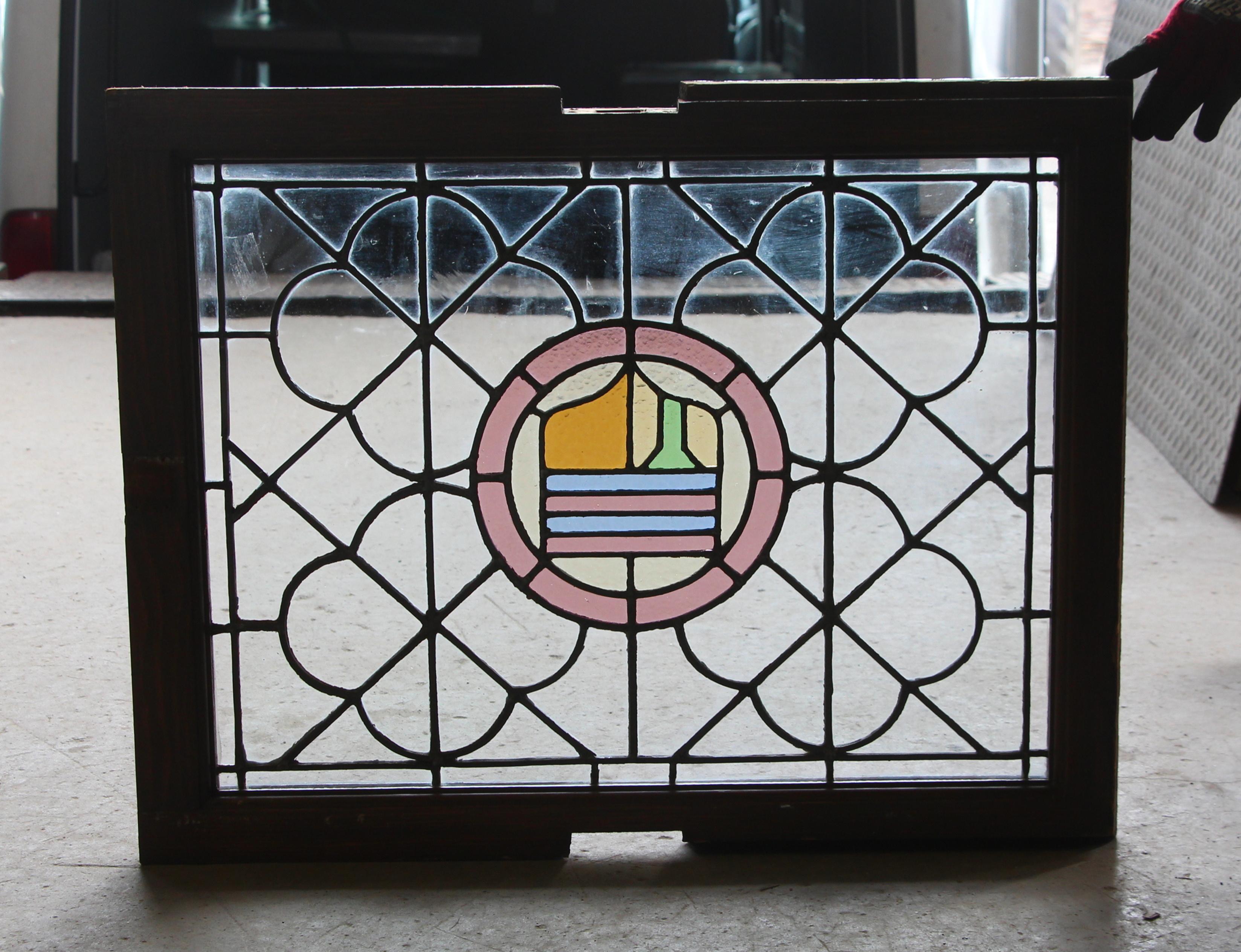 1910s Leaded and Stained Glass Window with Quatrefoil and Shield Design ...