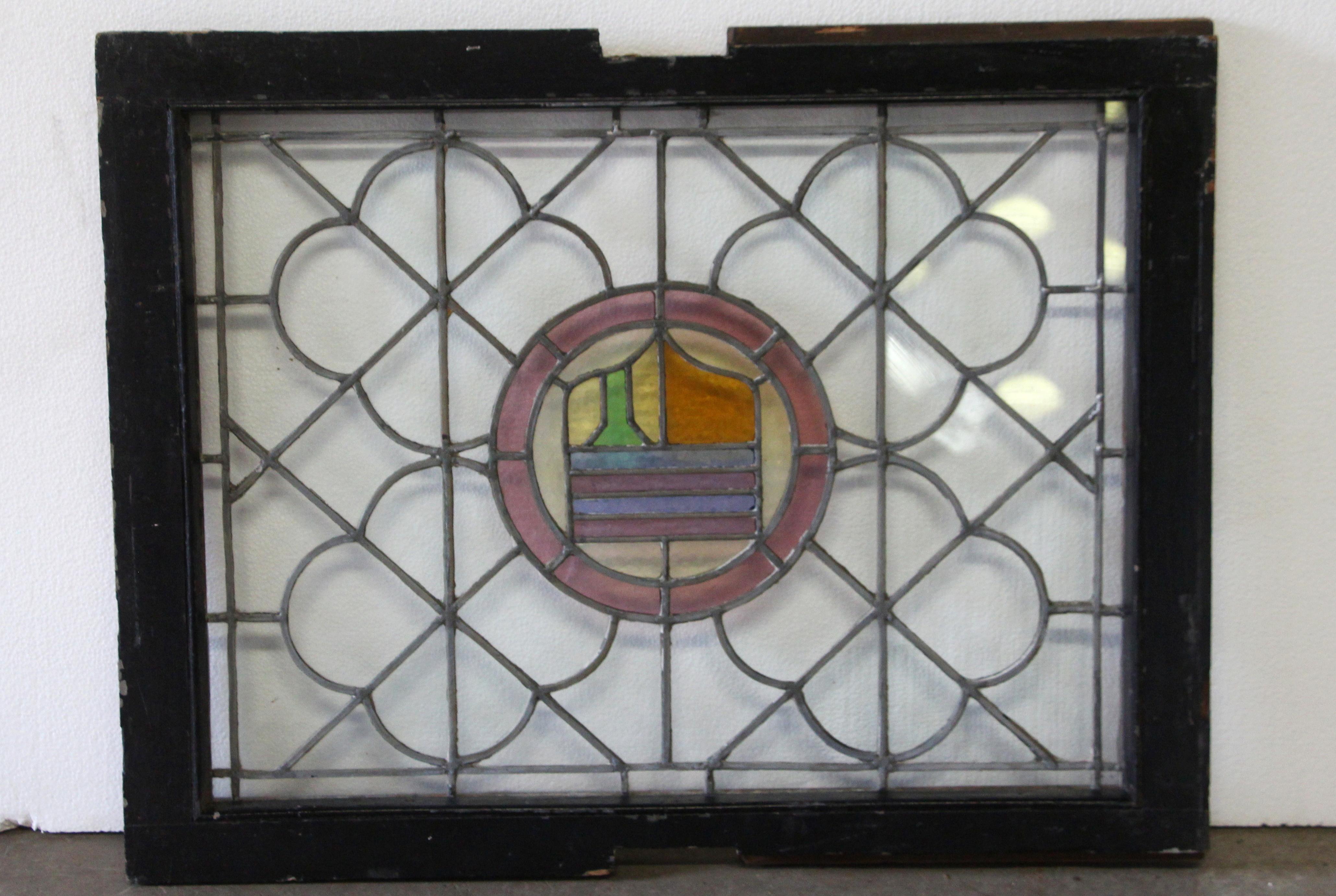 1910s Leaded and Stained Glass Window with Quatrefoil and Shield Design ...