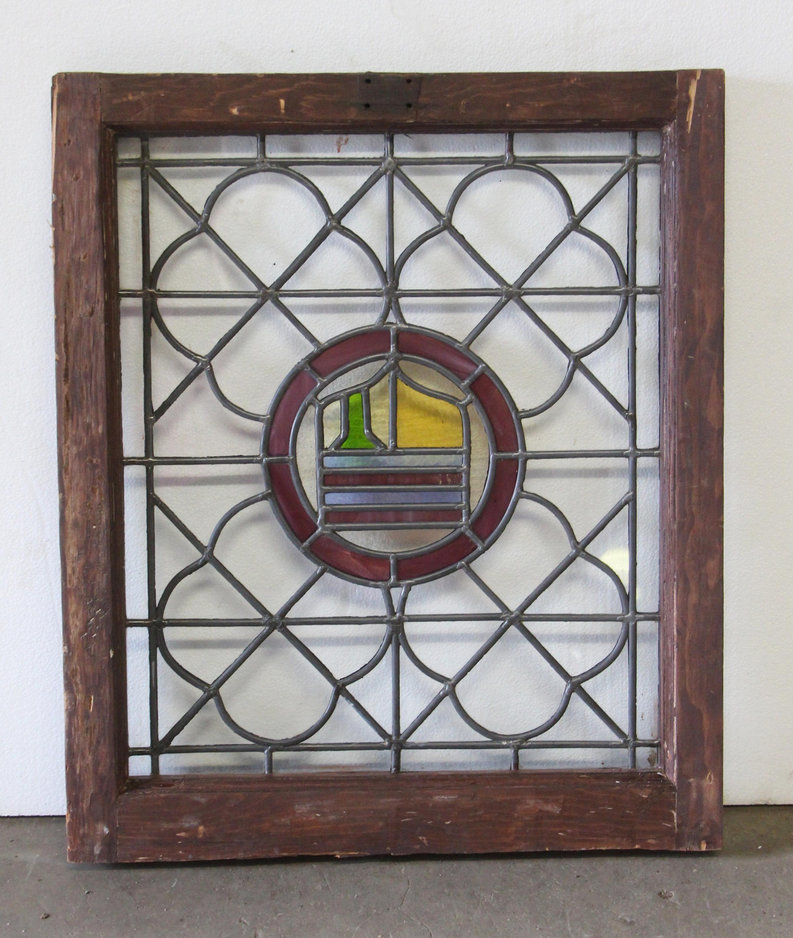 1910s Leaded and Stained Glass Window with Shield Design and Quatrefoil ...