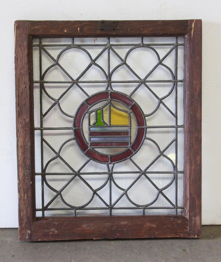 1910s Leaded and Stained Glass Window with Shield Design and Quatrefoil ...