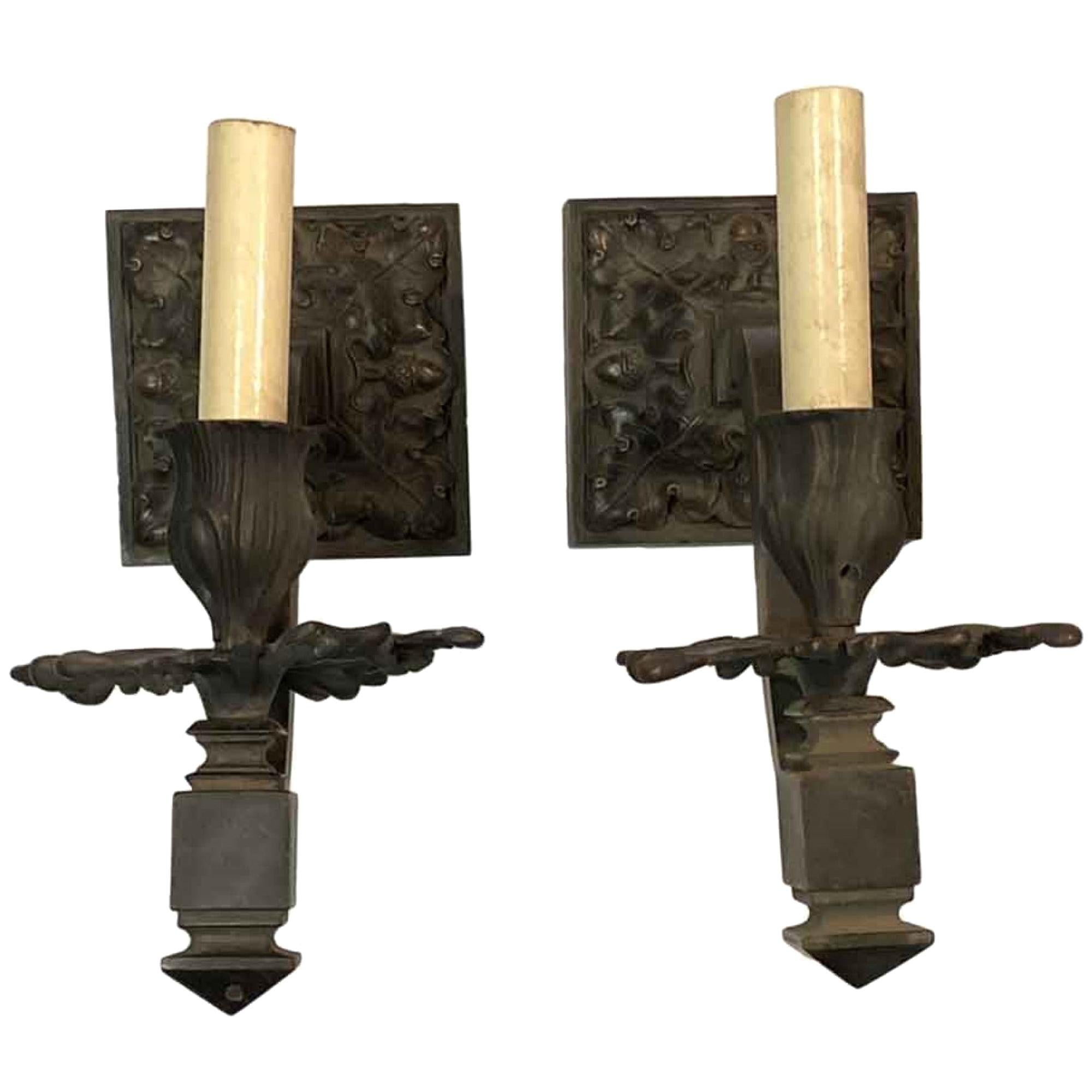 1910s Pair of Bronze French Oak Leaf and Acorn Sconces Heavy Floral One ...