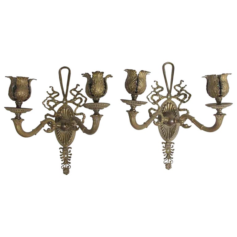 1910s Pair of Petite Bronze Federal Two-Arm Wall Sconces, Floral ...