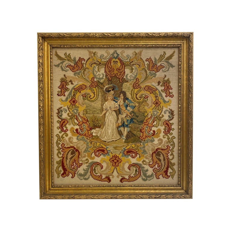 1910s Victorian Figural Needlepoint with a Gold Gilt Wood Frame from ...