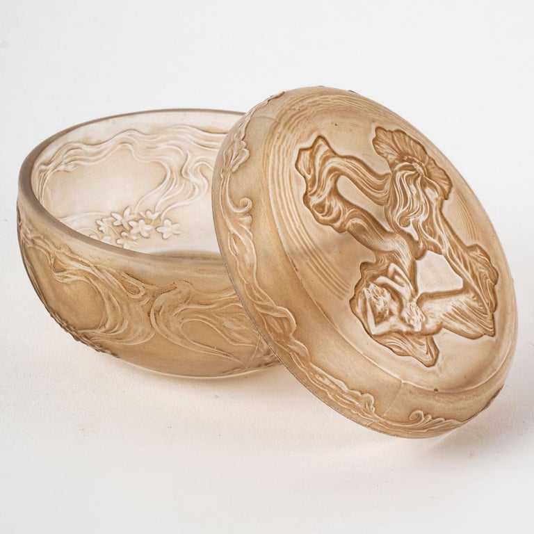 1912 René Lalique, Powder Box L'origan Frosted Glass Sepia Patina for ...