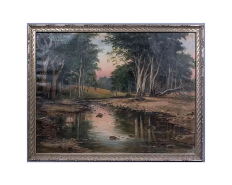 1913 Oil on Canvas Landscape with River View at Sunset, John Wooler ...