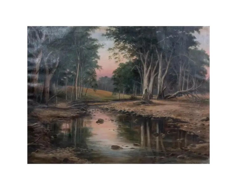 1913 Oil on Canvas Landscape with River View at Sunset, John Wooler ...