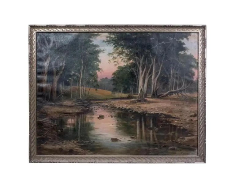 1913 Oil on Canvas Landscape with River View at Sunset, John Wooler ...