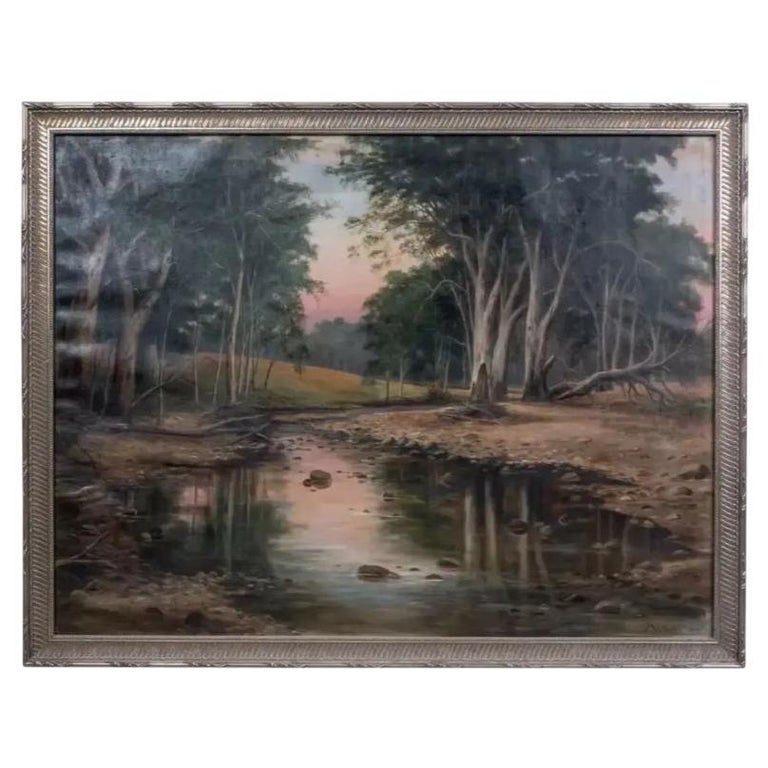 1913 Oil on Canvas Landscape with River View at Sunset, John Wooler ...