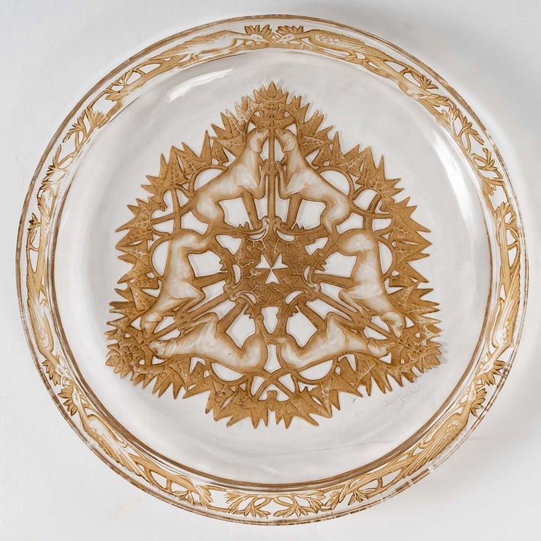 1914 René Lalique Pair of Plates Dishes Chasse Chiens Glass Sepia ...