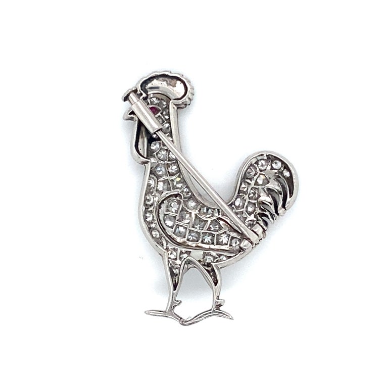 1915 Art Deco 1 Carat Diamond and Ruby Rooster Brooch Pin, Platinum For ...