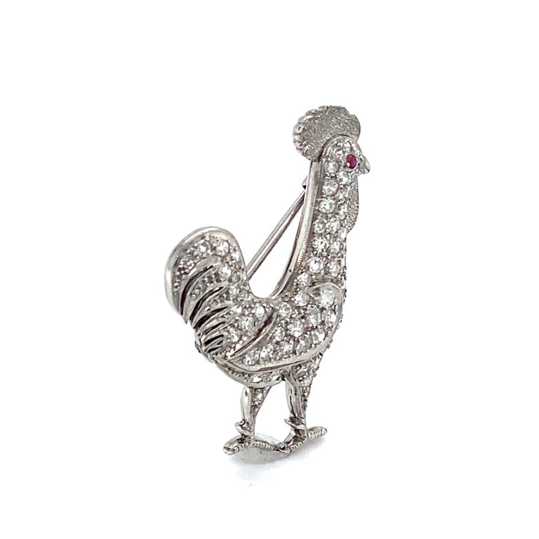 1915 Art Deco 1 Carat Diamond and Ruby Rooster Brooch Pin, Platinum For ...