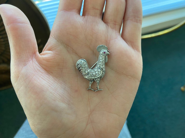 1915 Art Deco 1 Carat Diamond and Ruby Rooster Brooch Pin, Platinum For ...