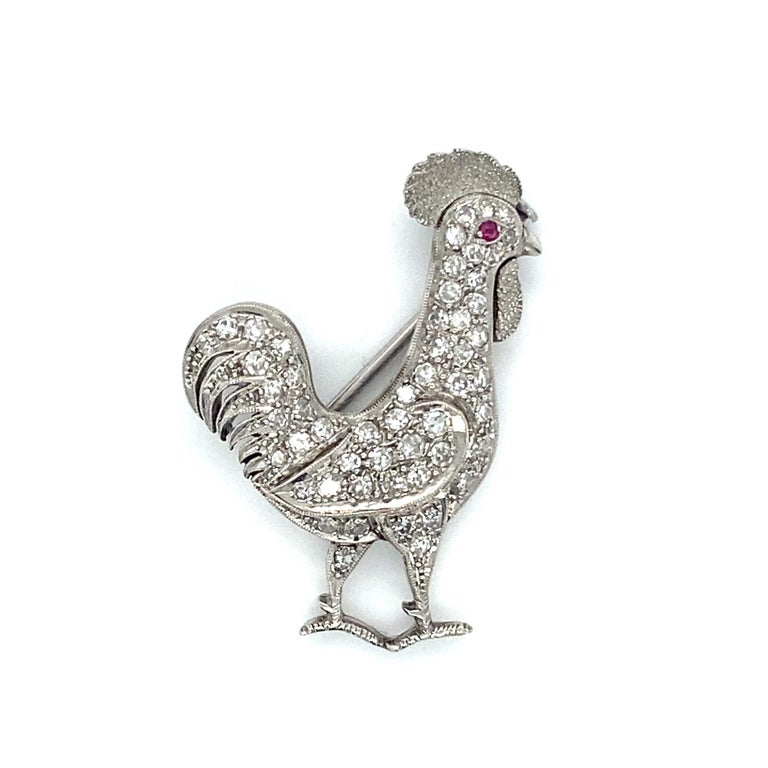 1915 Art Deco 1 Carat Diamond and Ruby Rooster Brooch Pin, Platinum For ...