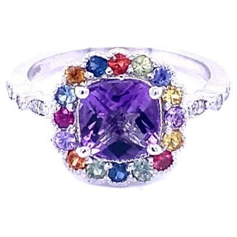 1.92 Carat Cushion Cut Amethyst Diamond Sapphire White Gold Ring For ...