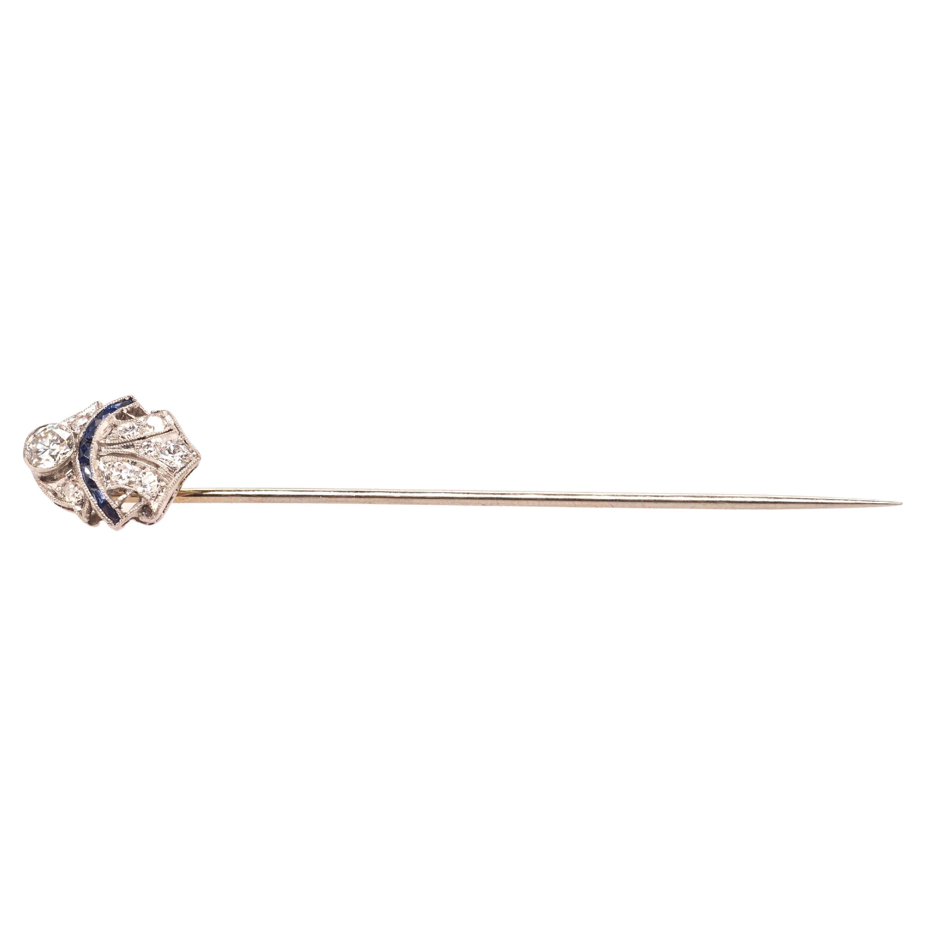 1920 Art Deco 14K White Gold/Platinum Diamond Sapphire Stick Pin For ...