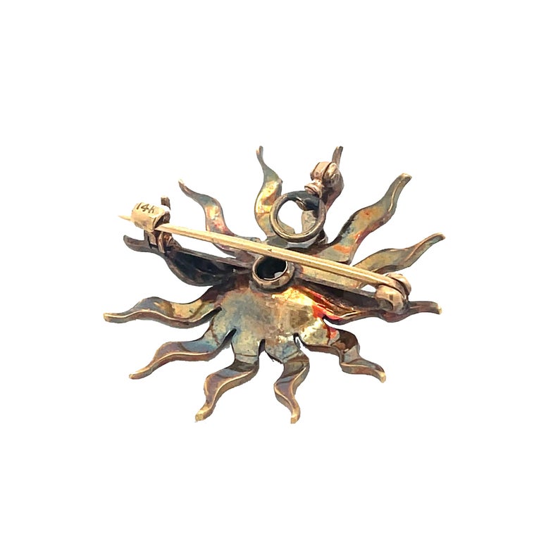 1920 Edwardian 14K Yellow Gold Diamond and Seed Pearl Starburst Pin ...