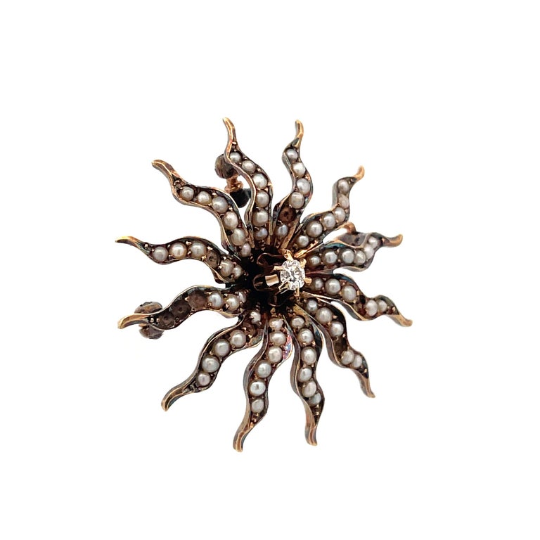 1920 Edwardian 14k Yellow Gold Diamond and Seed Pearl Starburst Pin / Pendant For Sale at 1stDibs