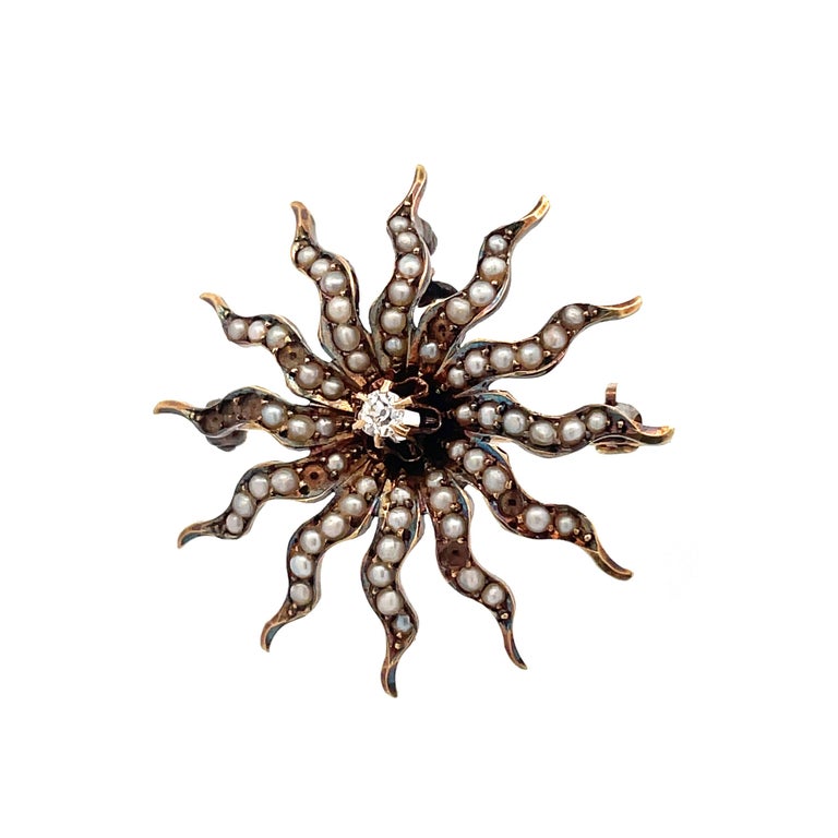 1920 Edwardian 14K Yellow Gold Diamond and Seed Pearl Starburst Pin ...