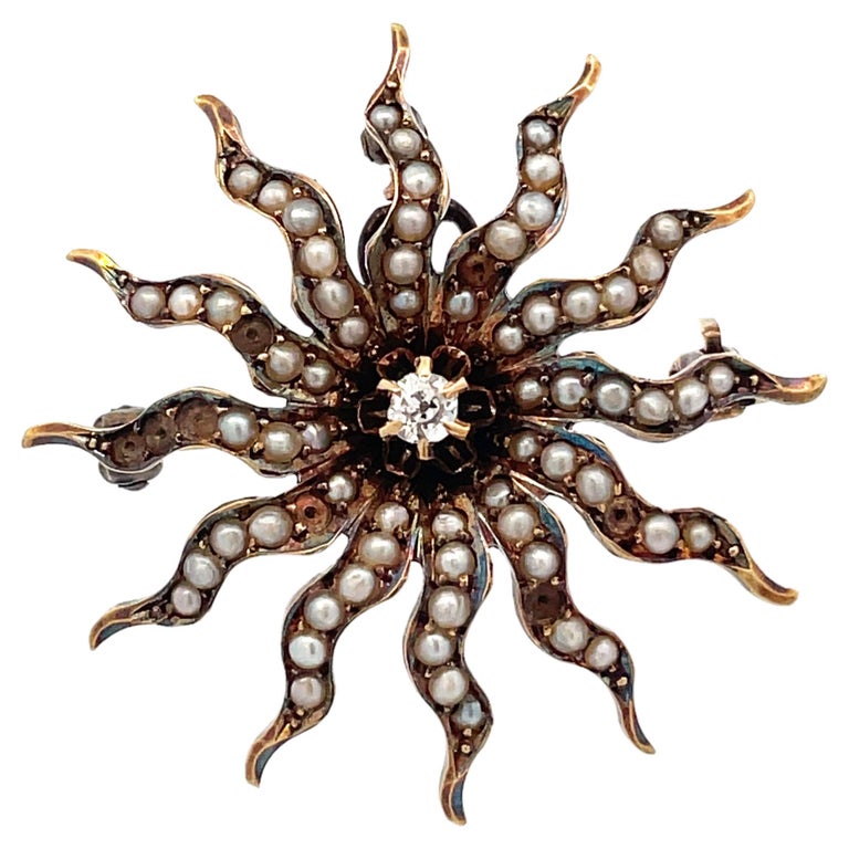 1920 Edwardian 14k Yellow Gold Diamond and Seed Pearl Starburst Pin ...