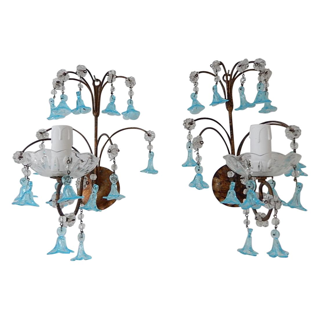 Italian Beaded Aqua Flower Prism Sconces For Sale at 1stDibs