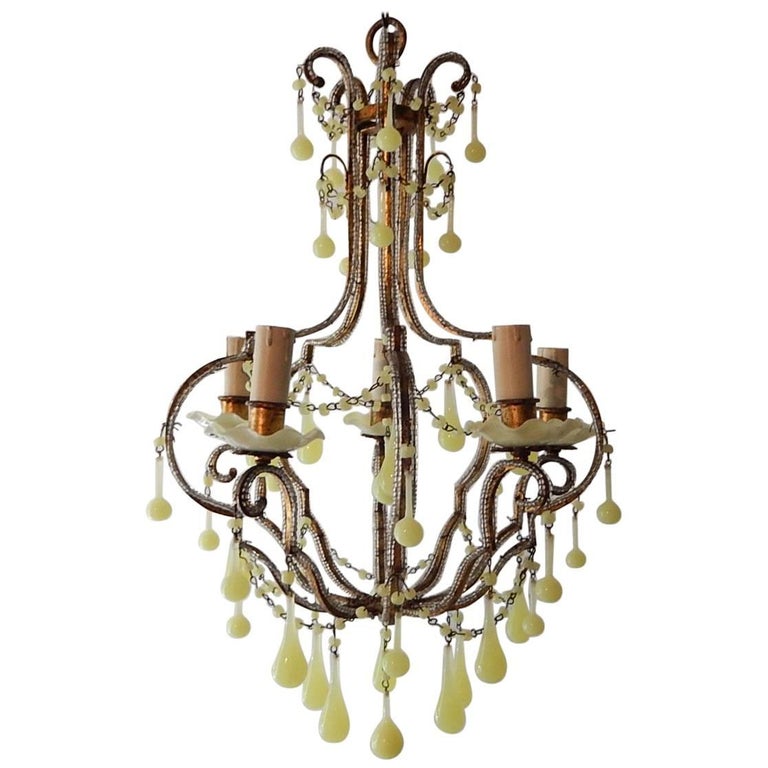 1920 French Beaded Yellow Opaline Bobeches, Beads and Drops Chandelier ...