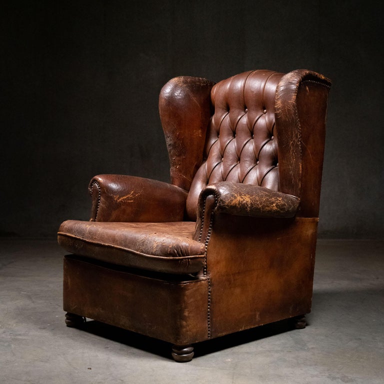 1920 Pair of English Leather Tufted Club Chairs For Sale at 1stDibs