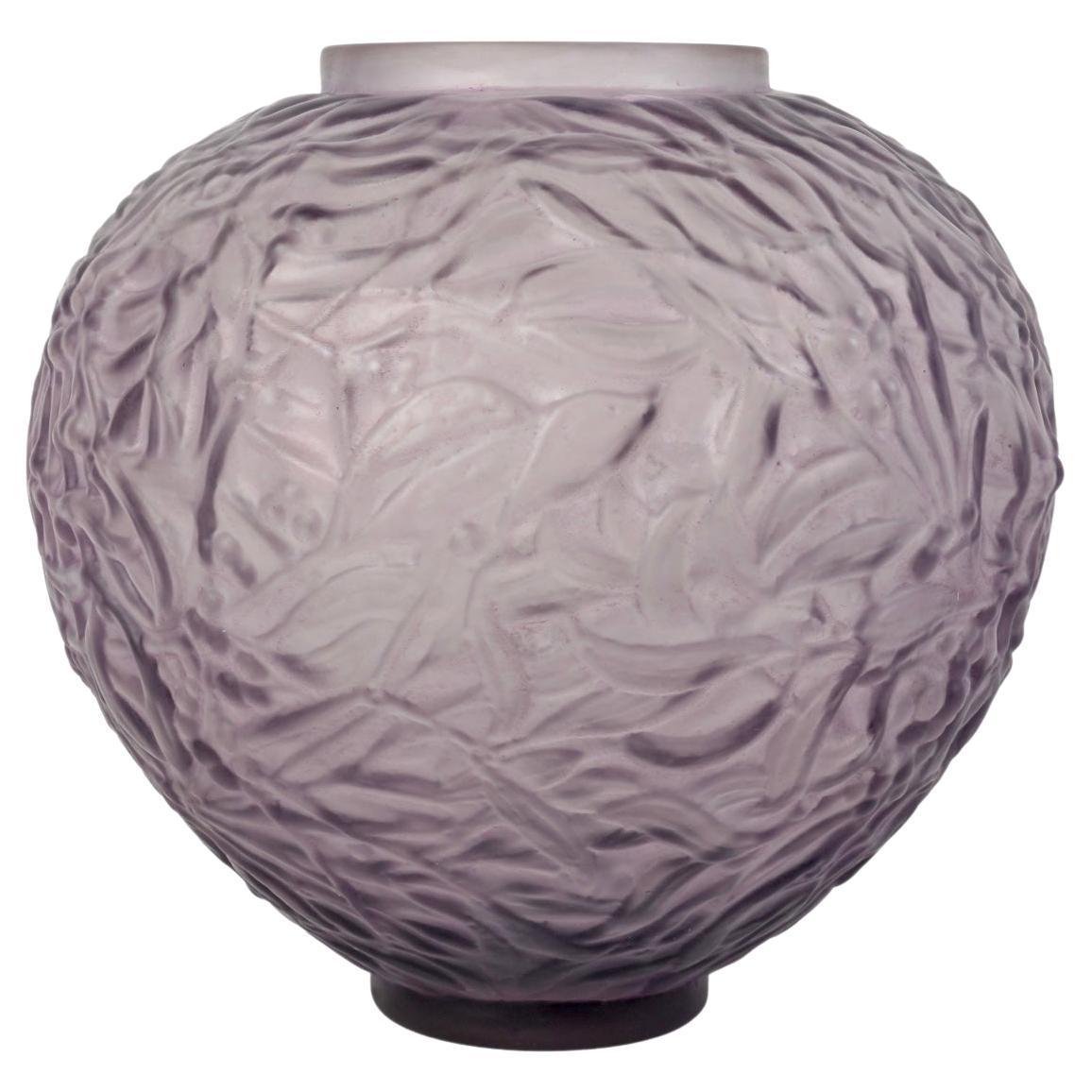 1920 René Lalique Vase Gui Amethyst Plum Glass For Sale at 1stDibs