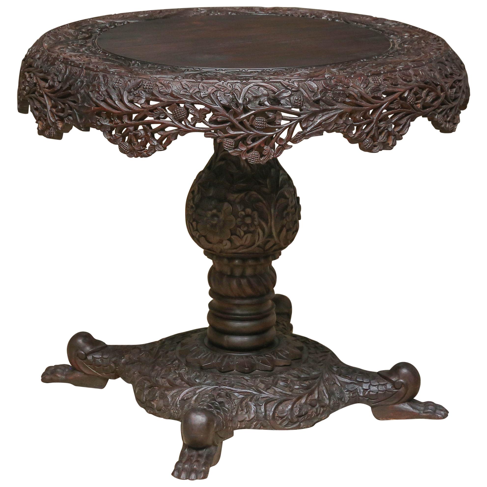 1920 Solid Teakwood Heavily Pierced Carved Ebonized Center Table at 1stDibs