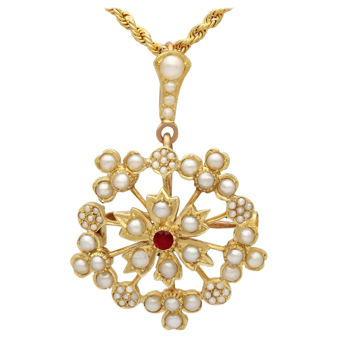 Antique Victorian 14 Karat Gold Seed Pearl Ruby Lavaliere Pendant For ...