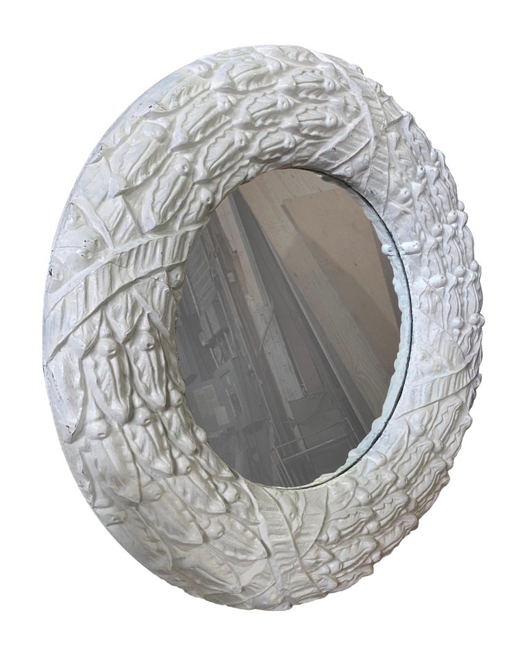 1920s Antique Zinc Window Surround Circular Ornate Mirror with a Wreath ...
