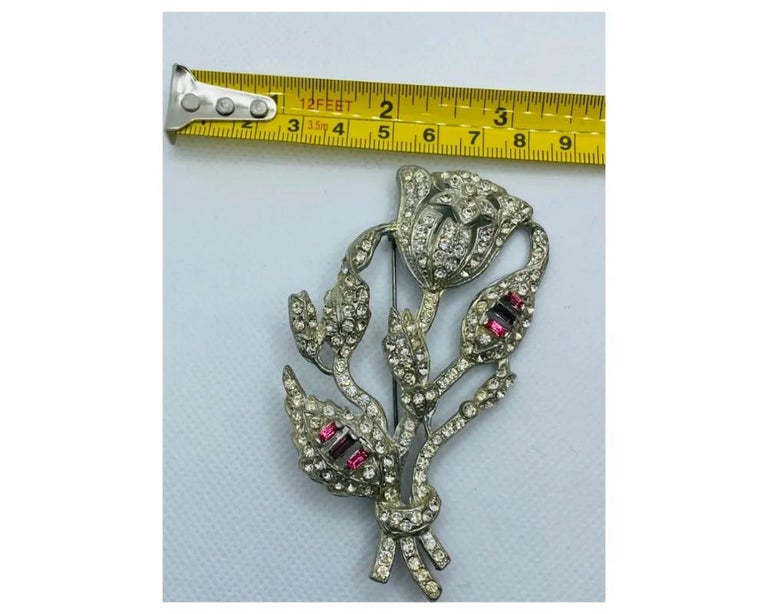 1920's Art Deco Costume Jewelry Rhinestone Rose Brooch For Sale at 1stDibs