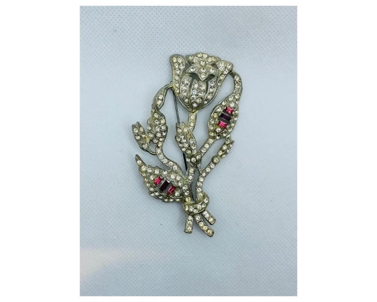 1920's Art Deco Costume Jewelry Rhinestone Rose Brooch For Sale at 1stDibs
