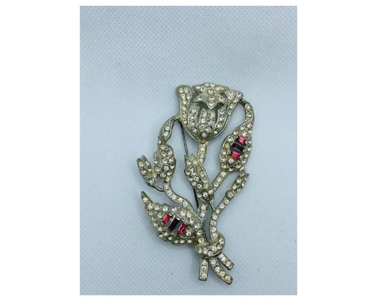1920's Art Deco Costume Jewelry Rhinestone Rose Brooch For Sale at 1stDibs