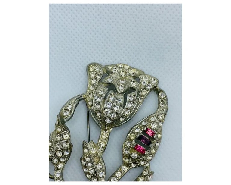 1920's Art Deco Costume Jewelry Rhinestone Rose Brooch For Sale at 1stDibs